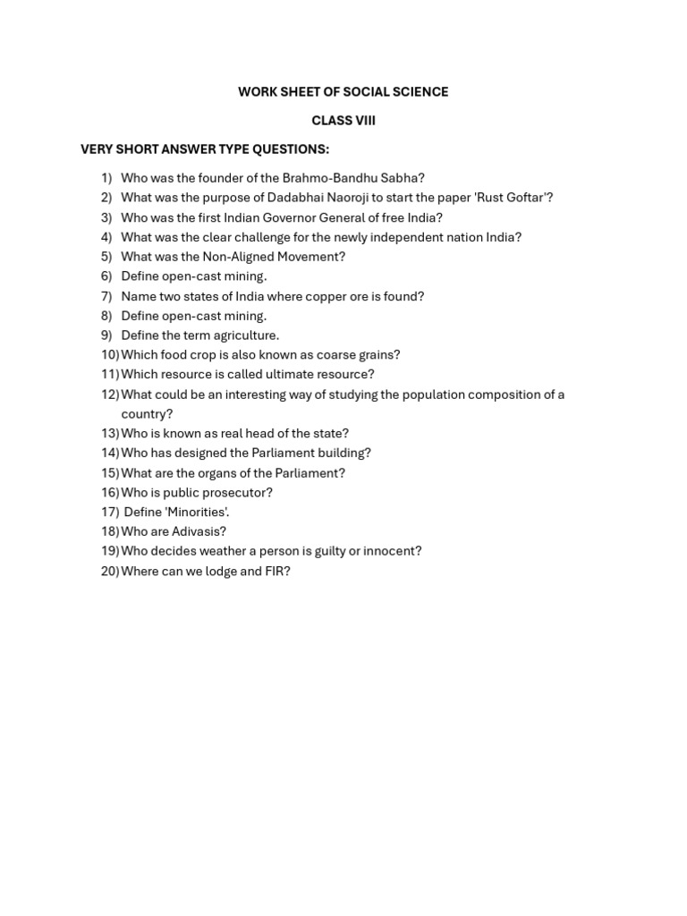 Class VIII Social Science Worksheet | PDF