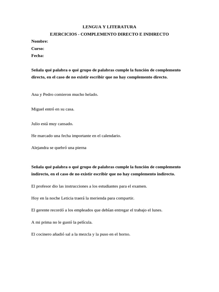 Ejercicios de Complemento Directo e Indirecto | PDF