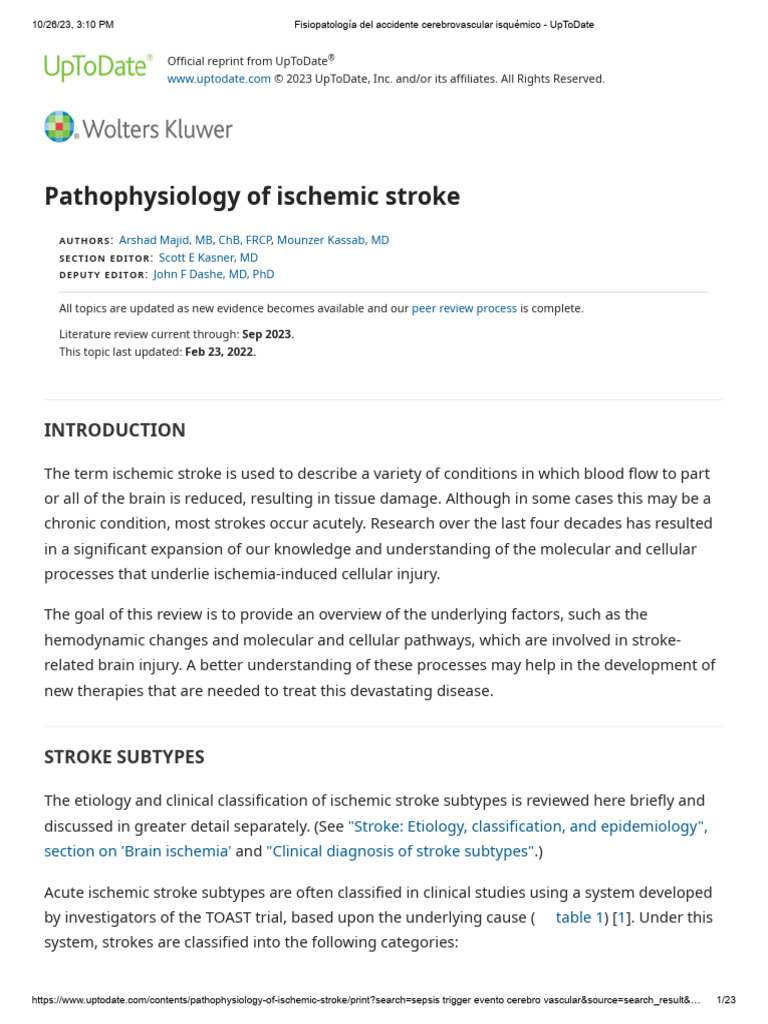 Fisiopatología Del Accidente Cerebrovascular Isquémico - UpToDate | PDF | Stroke | Thrombosis