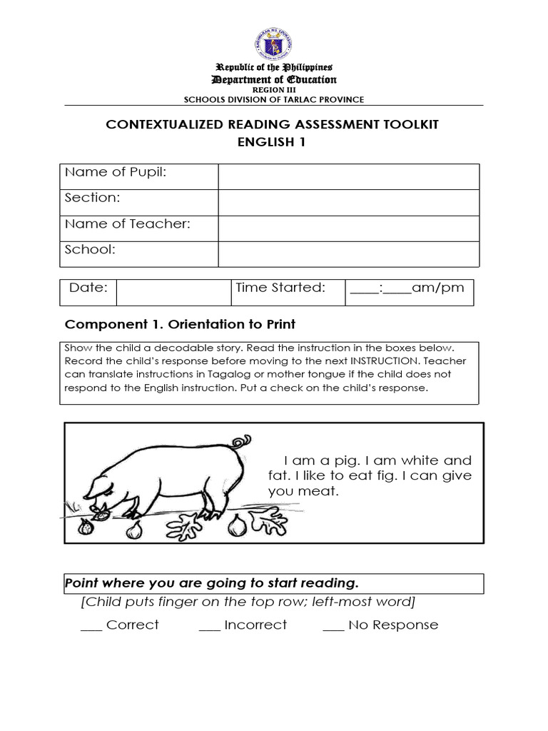 CONTEXTUALIZED READING ASSESSMENT TOOLKIT - Grade 1 | PDF | Notation | Reading (Process)