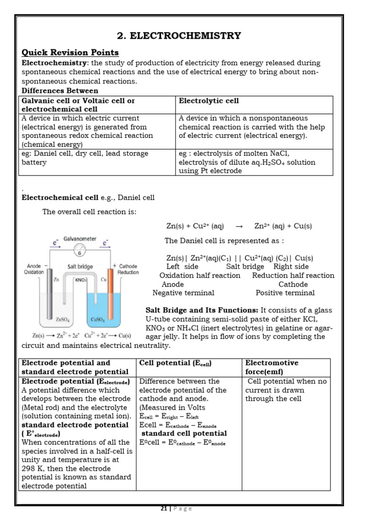 CBSE Quick Revision Notes ElectroChem | PDF | Electrochemistry | Electrode