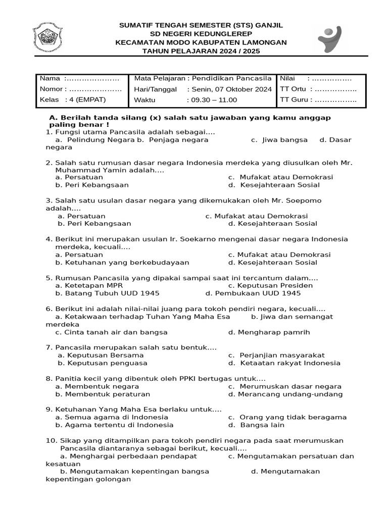 SOAL PTS PKN KELAS IV | PDF