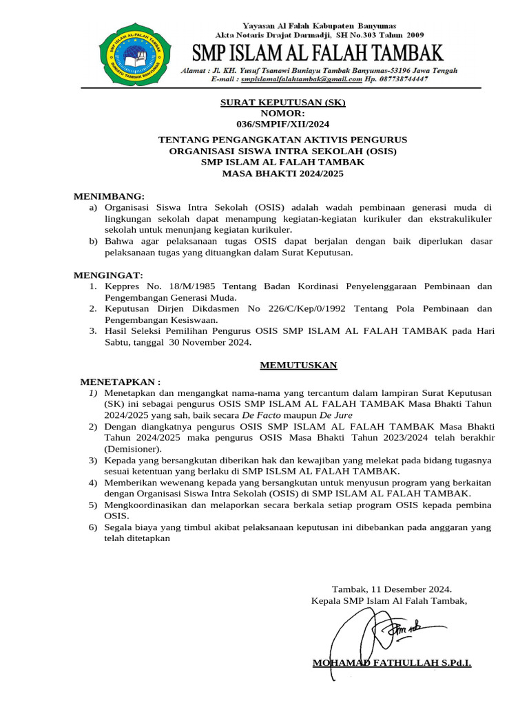 Berita Acara Serah Terima Jabatan dan Pelantikan OSIS 2425 pdf | PDF