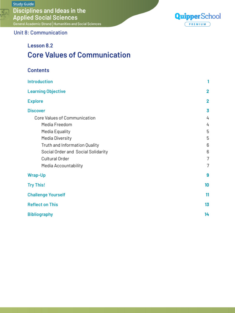 DIA 12 Q1 0802 SG Lesson 8.2 Core Values of Communicati | PDF | Freedom ...