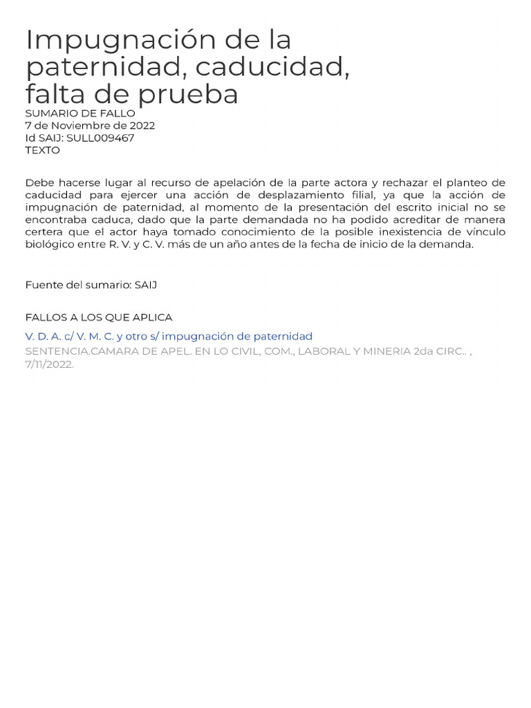 Impugnación de La Paternidad, Caducidad, Falta de Prueba | PDF Impugnación de La Paternidad, Caducidad, Falta de Prueba | PDF