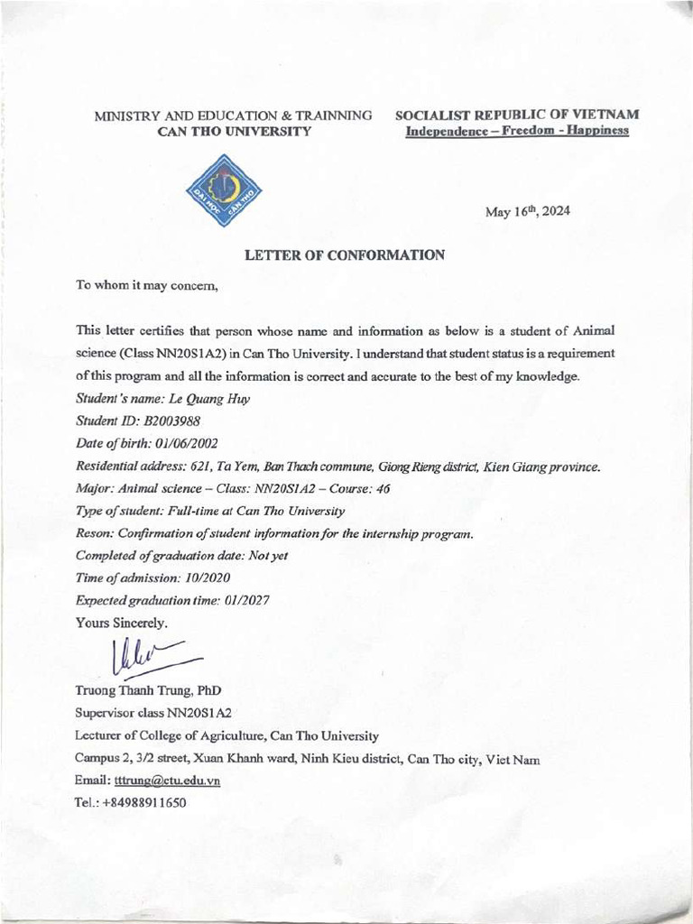 Confirmation Letter-LE QUANG HUY - Compressed | PDF