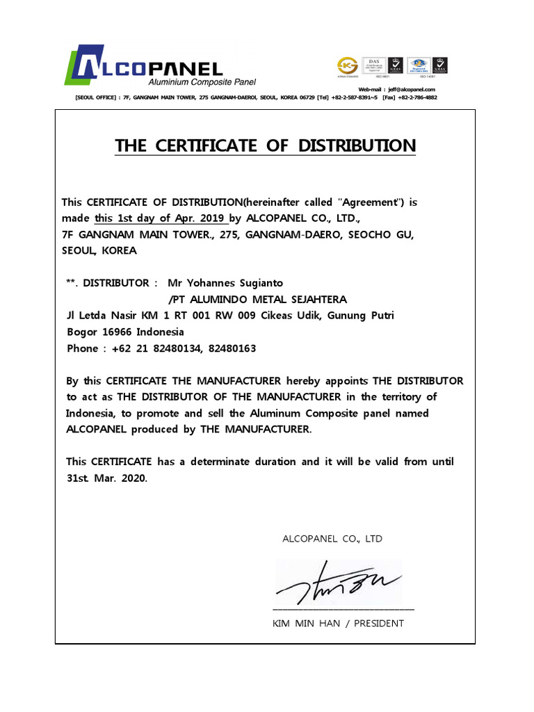 Distribution Certificate (PT Aluminindo) 2019 2020 | PDF