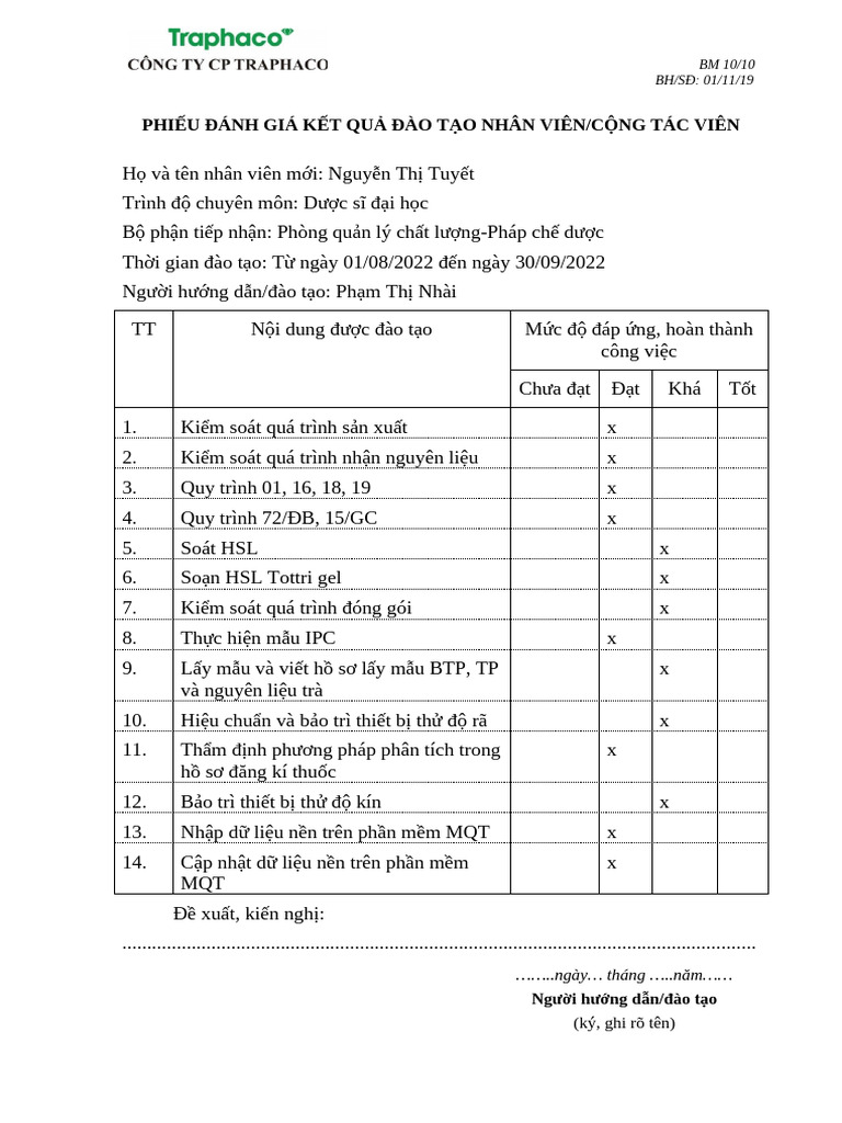 bm10 10 Phieu Danh Gia KQ Dao Tao Nhan Vien | PDF