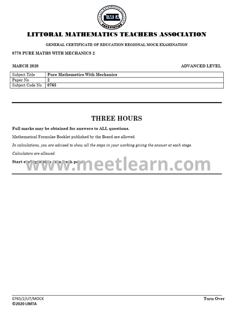 2020 A Level Pure Mathematics Mock Exam | PDF | Equations | Complex Number