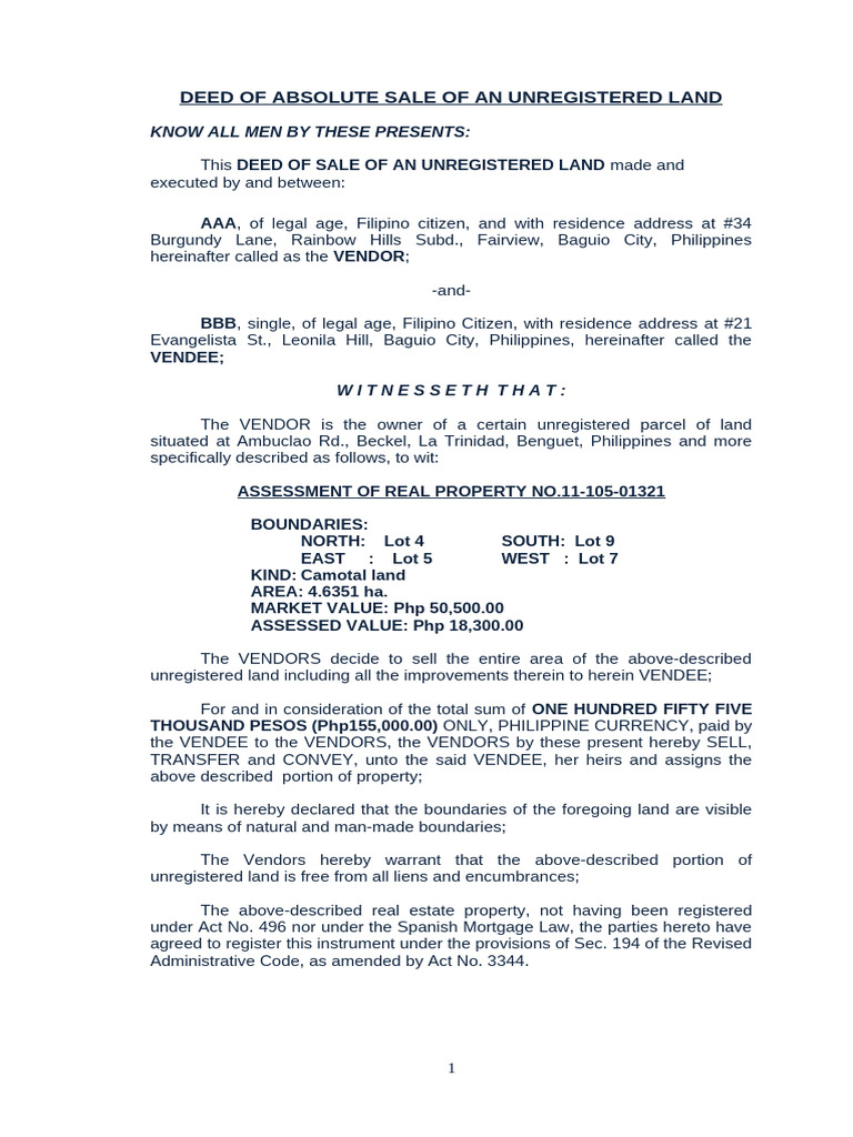 Deed of Sale for Unregistered Land | PDF | Environmental Law | Law And ...
