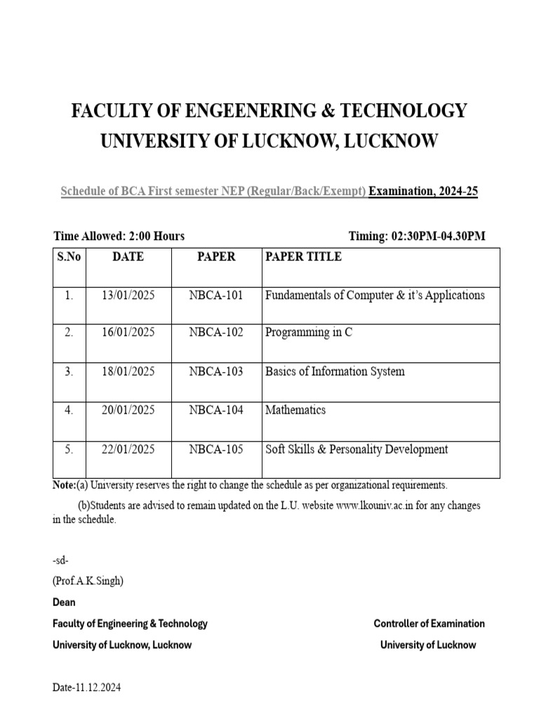 BCA 1st Sem Exam Schedule 2024-25 | PDF