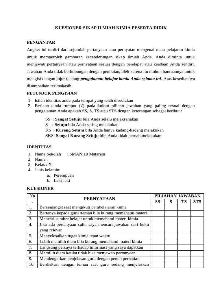 Kuesioner Sikap Ilmiah Kimia Siswa | PDF