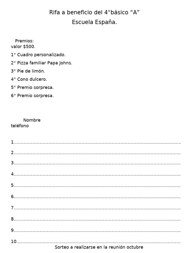 Rifa Beneficio 4° Básico A Escuela España | PDF