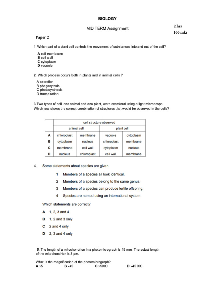 Bio Past Paper MCQ Only | PDF