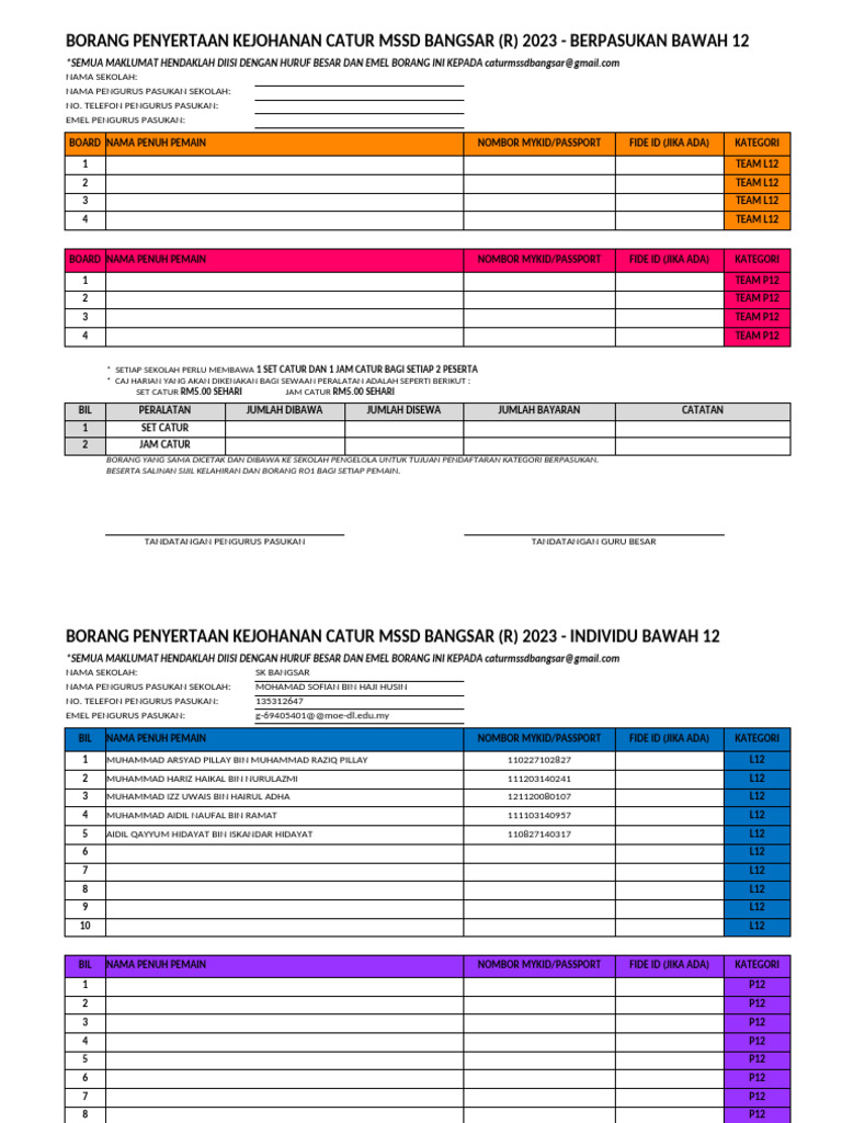 SK Bangsar-Borang Penyertaan 2023-Rendah | PDF