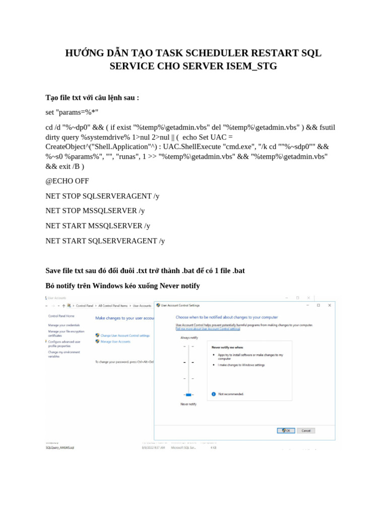 HƯỚNG DẪN TẠO TASK SCHEDULER RESTART SQL SERVICE CHO SERVER ISEM | PDF