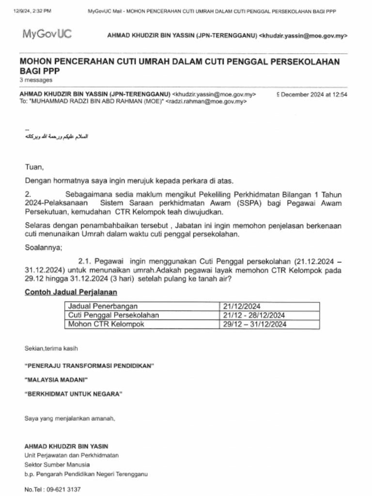 Jawapan Cuti Umrah Dlm Ct Penggal Sekolah2024 | PDF