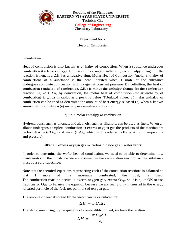 Experiment No 2 - Heats of Combustion | PDF | Combustion | Enthalpy
