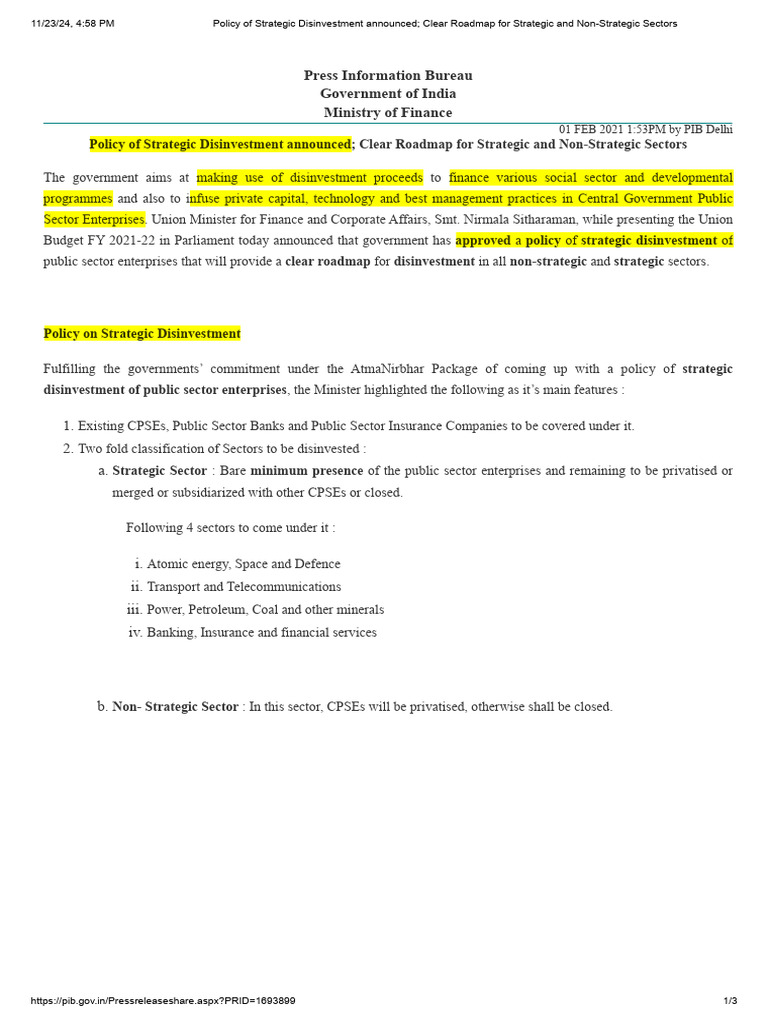Policy of Strategic Disinvestment Announced Clear Roadmap For Strategic ...