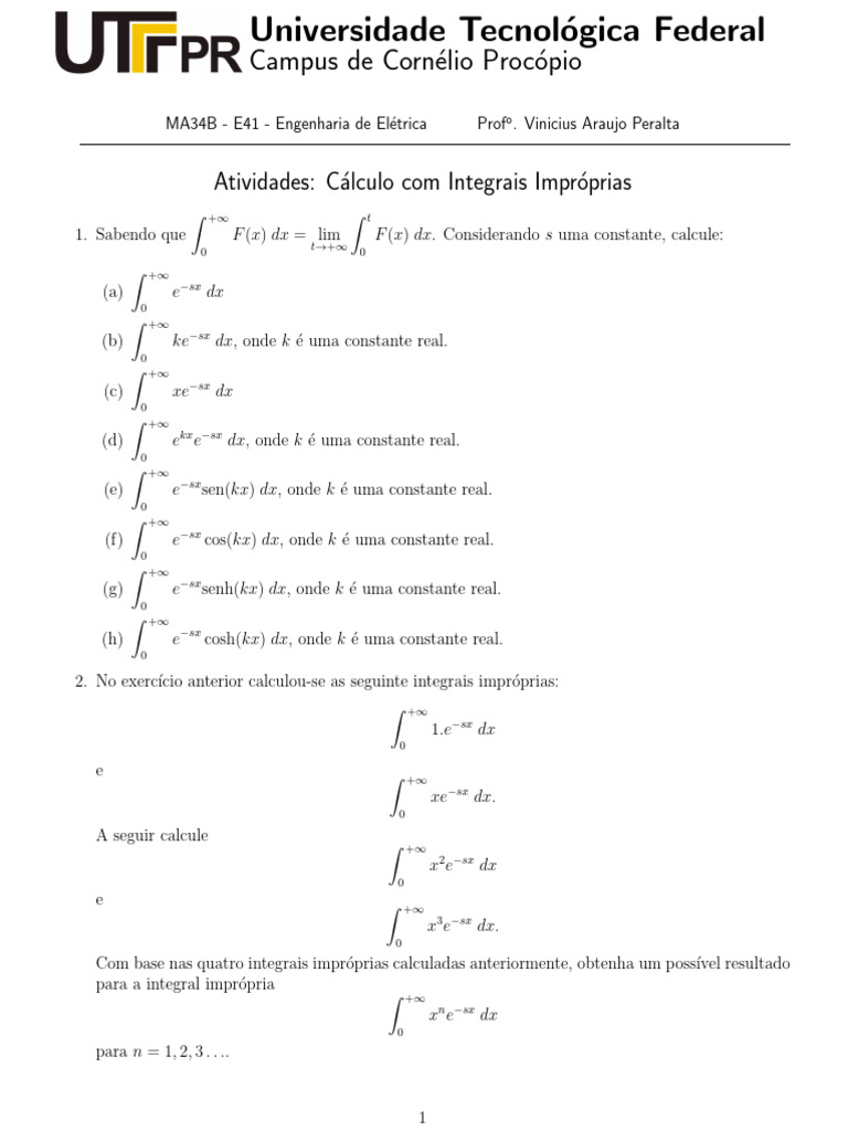 Cálculo de Integrais Impróprias em Engenharia | PDF | Cálculo | Analise ...