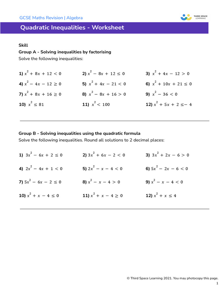 Quadratic Inequalities | PDF | Inequality (Mathematics) | Quadratic Equation