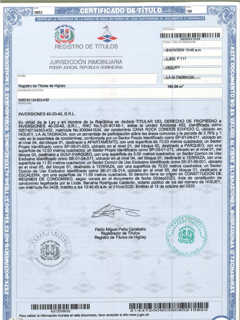 Certificado de Título Unidad 452 | PDF