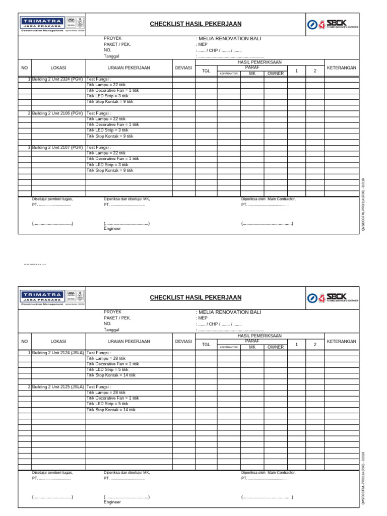 QMS - DCC.FML-PRO.11A - Checklist Hasil Pekerjaan (R.00) - 310118 | PDF