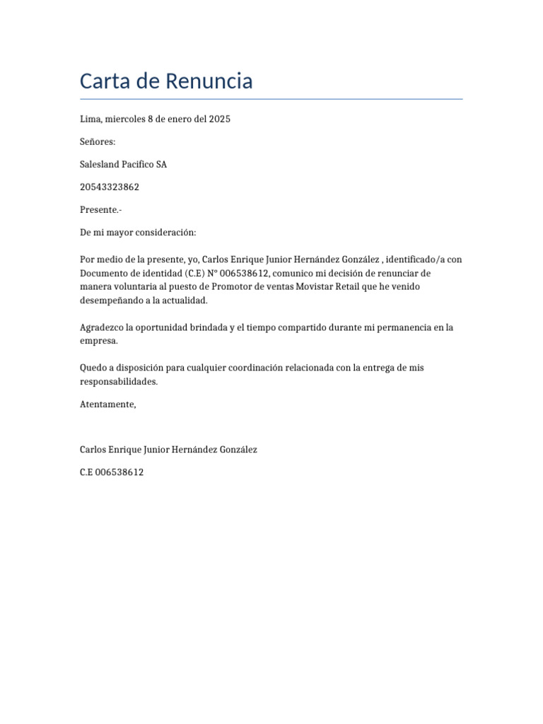 Modelo de Carta de Renuncia Simple | PDF