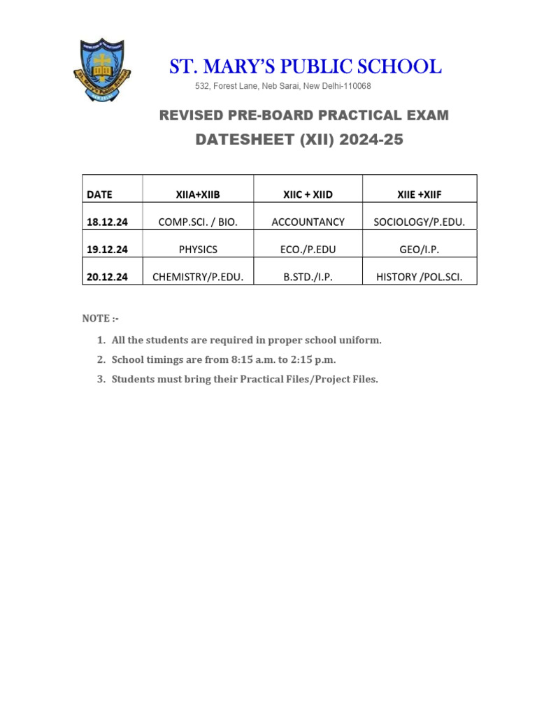 Preboard Prac Exam Datesheeet (XII) | PDF