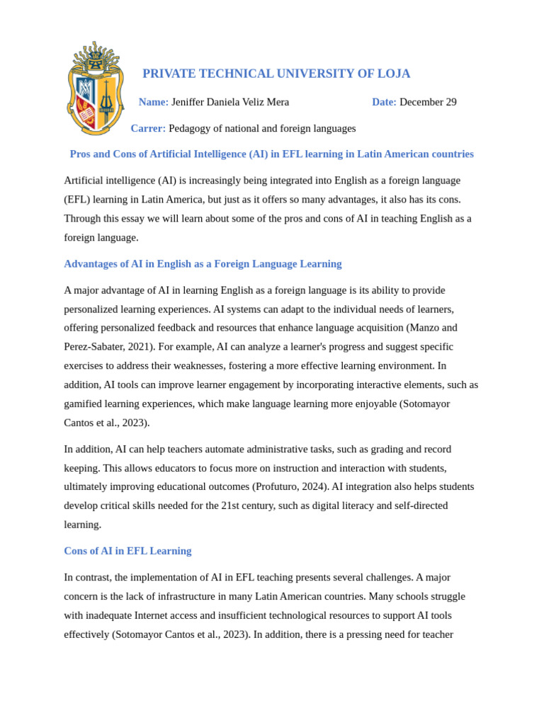Pros and Cons of Artificial Intelligence (AI) in EFL Learning in Latin American Countries | PDF ...