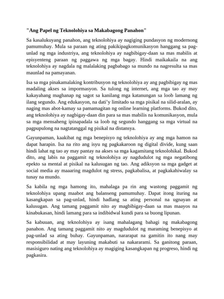 Ang Papel NG Teknolohiya Sa Makabagong Panahon | PDF
