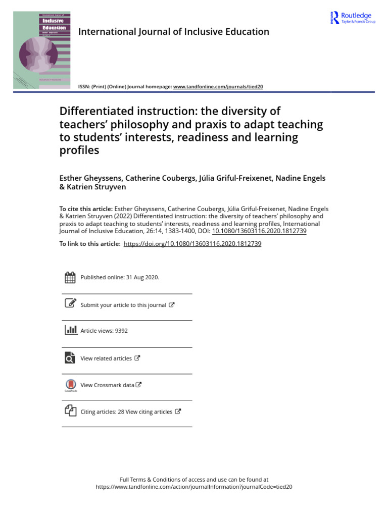 Differentiated Instruction The Diversity of Teachers Philosophy and Praxis To Adapt Teaching To ...