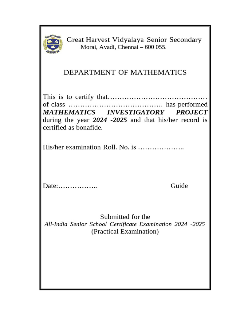 Mathematics Project Certificate 2024 | PDF