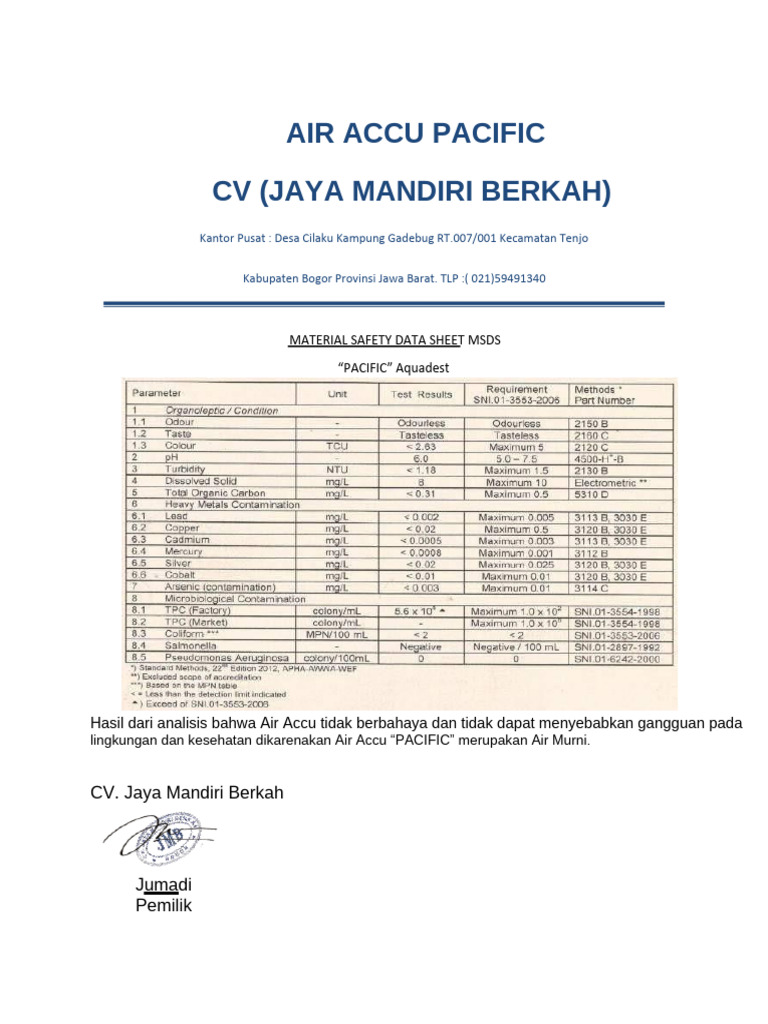 MSDS Air Accu Pacific Murni | PDF