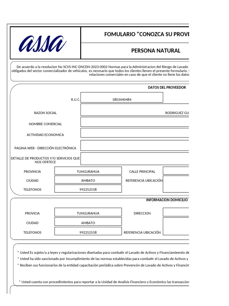 Formulario Conozca Su Provedor Persona Natural ASSA 2023 | PDF | Lavado ...