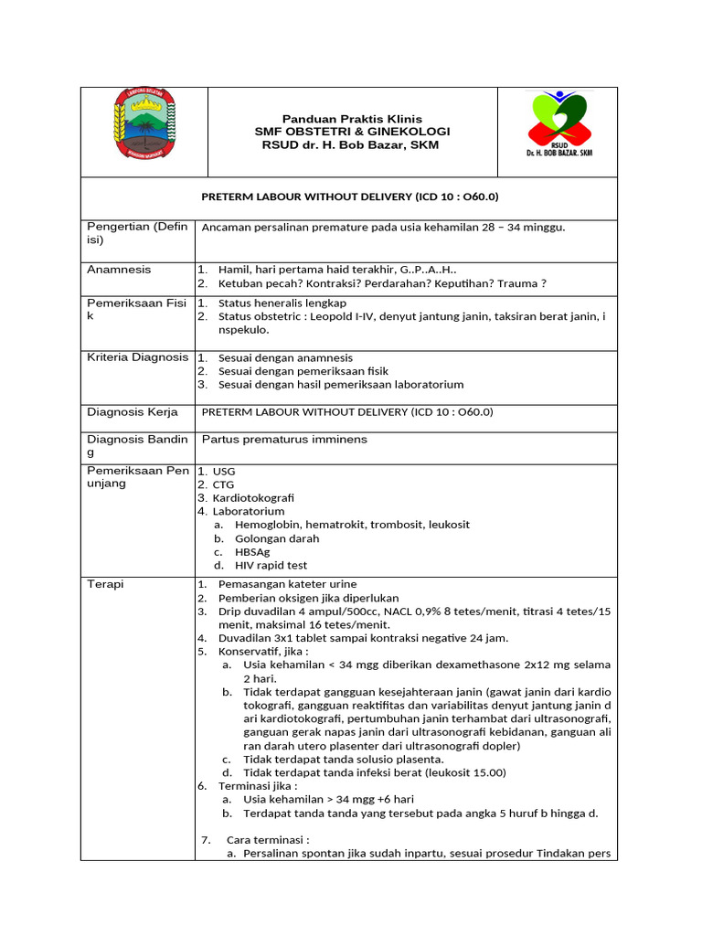 Ancaman Partus Prematurus ICD 10 O60.0 | PDF