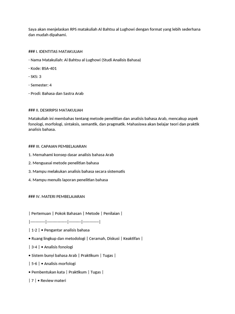 Saya Akan Menjelaskan RPS Matakuliah Al Bahtsu Al Lughowi Dengan Format Yang Lebih Sederhana Dan ...