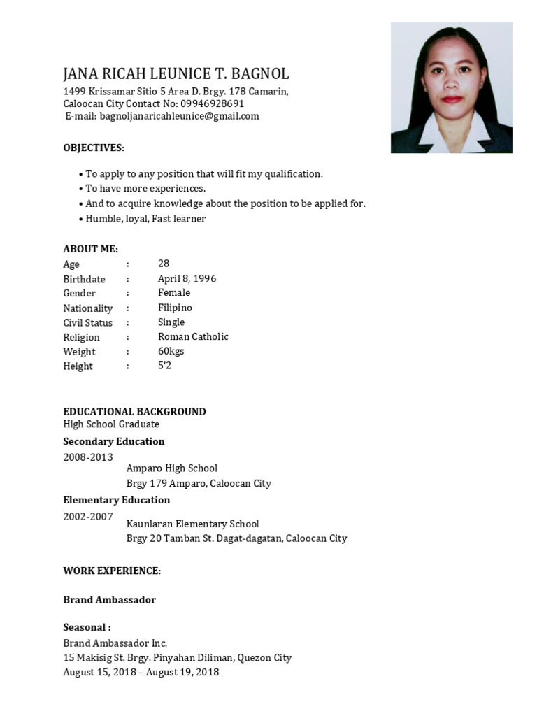 Resume of Jana Ricah Leunice Bagnol | PDF
