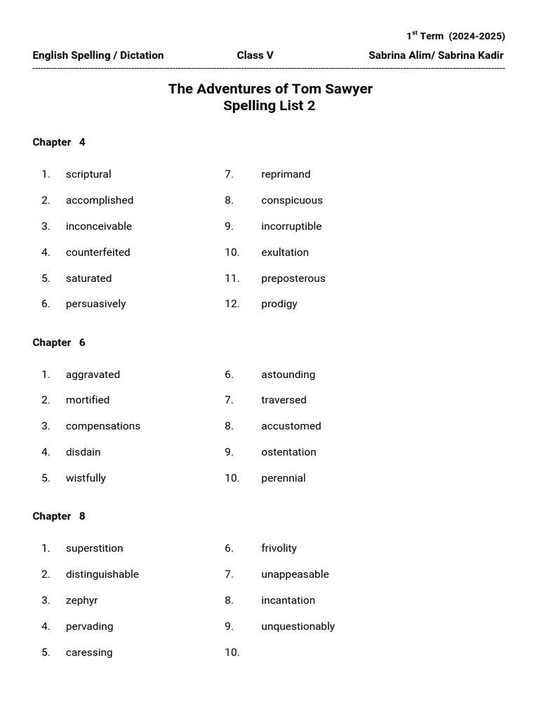 Class V English Literature - Spelling List - 2 (04.09.2024) | PDF