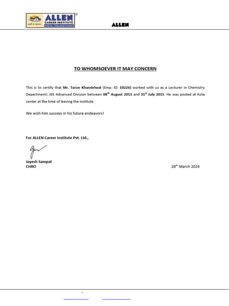 Experience Certificate Allen | PDF