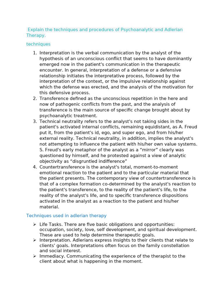 Explain The Techniques and Procedures of Psychoanalytic and Adlerian Therapy | PDF ...