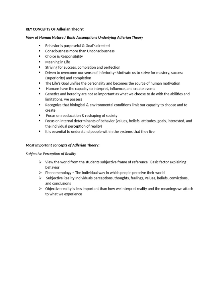 KEY CONCEPTS OF Adlerian Theory | PDF