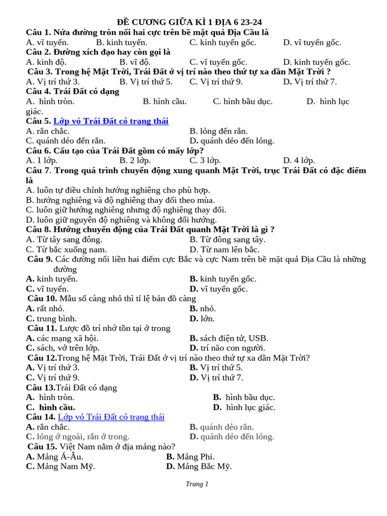 ĐỀ CƯƠNG ĐỊA 6-GKI-23-24 | PDF