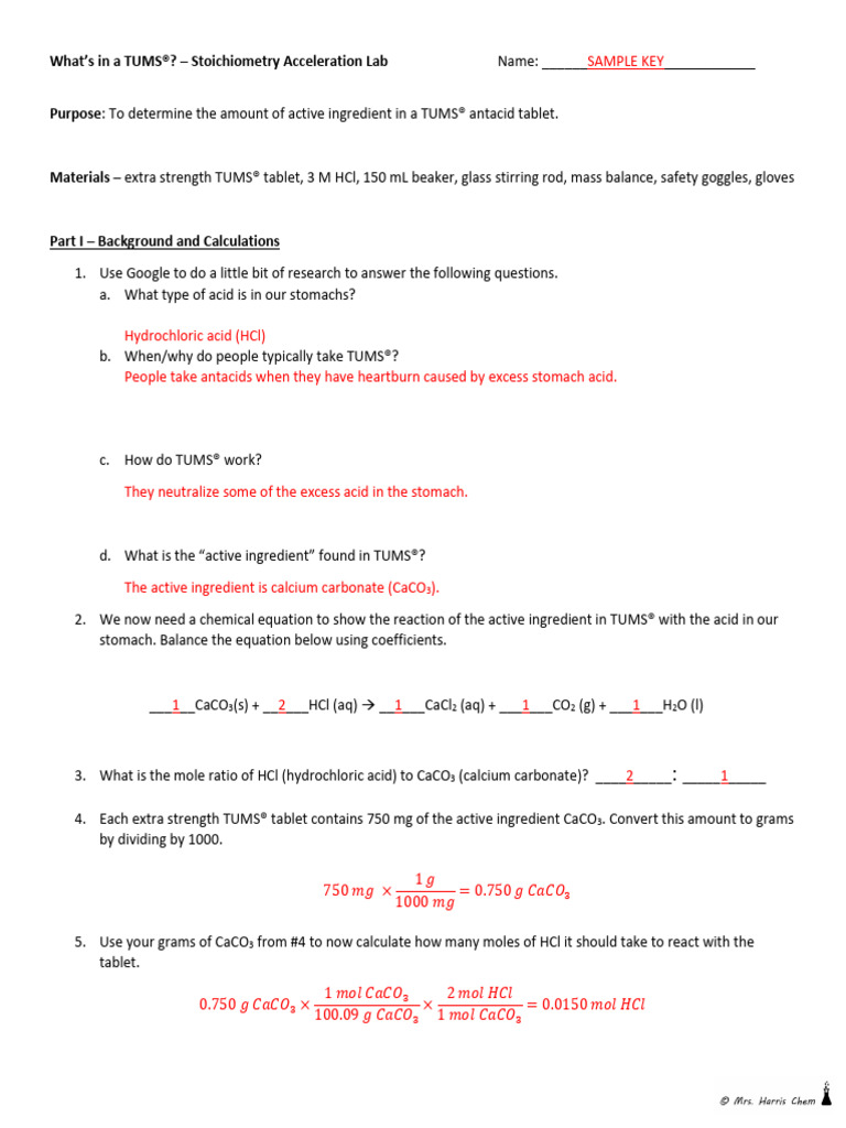 Whats in A TUMS - Stoichiometry Acceleration Lab - Sample Answer Key ...