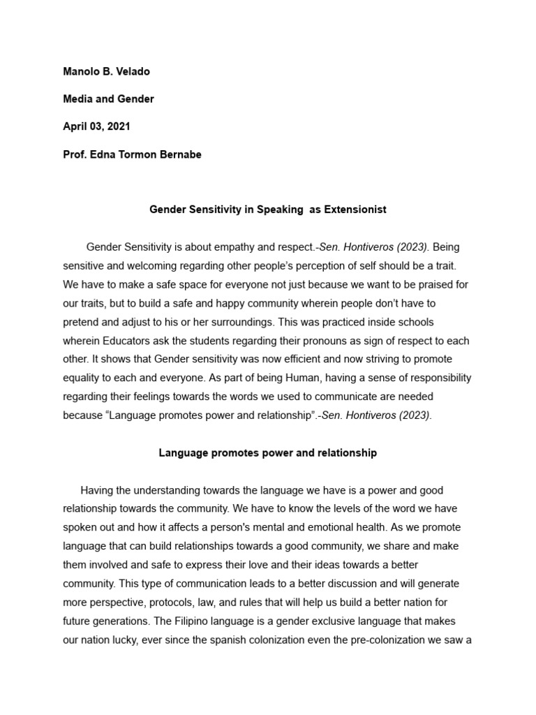 Manolo B. Velado (Senator Risa Hontiveros) | PDF | Gender | Gender Studies
