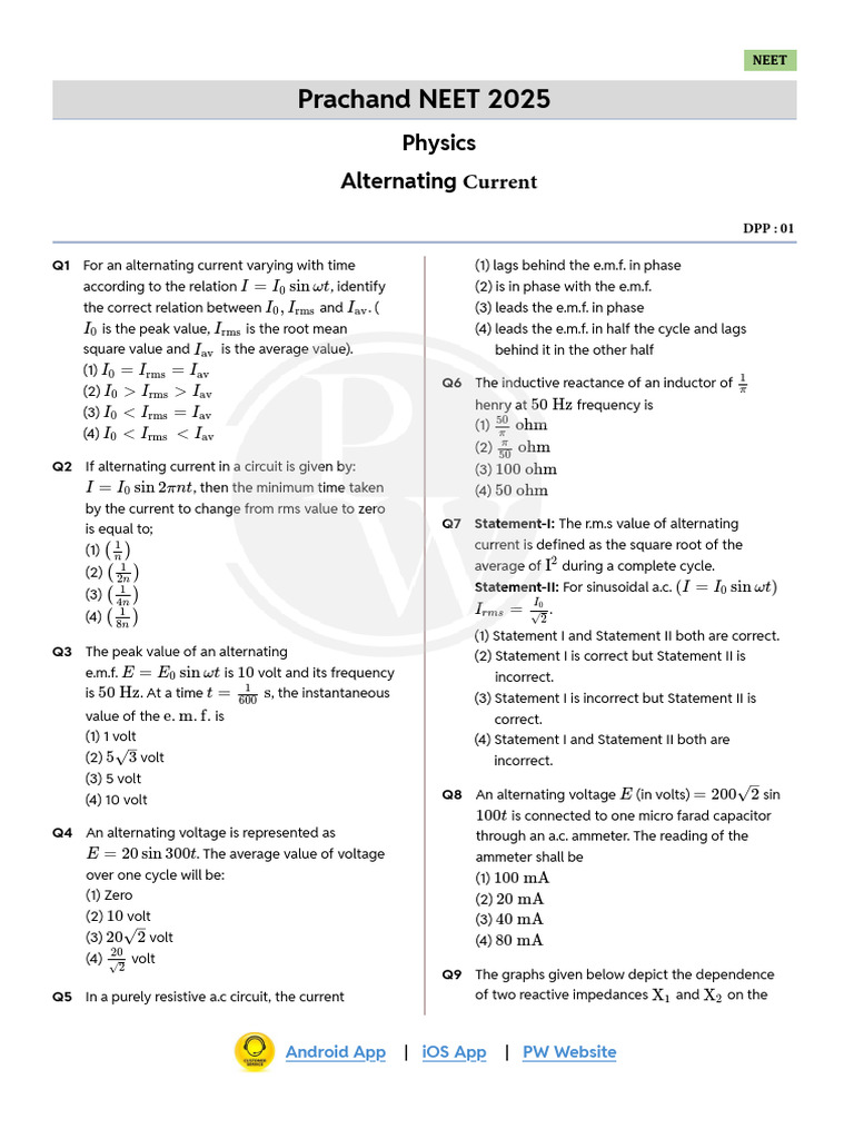 Alternating Current - DPP 01 - Prachand NEET 2025 | PDF | Inductor ...