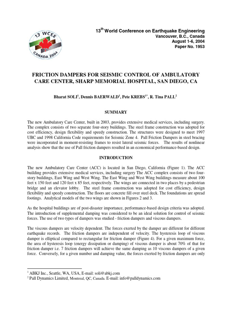 Friction Dampers For Seismic Control of Ambulatory Care Center, Sharp ...