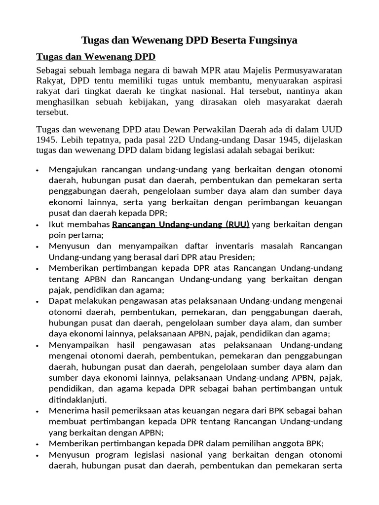Tugas Dan Wewenang DPD Beserta Fungsinya | PDF