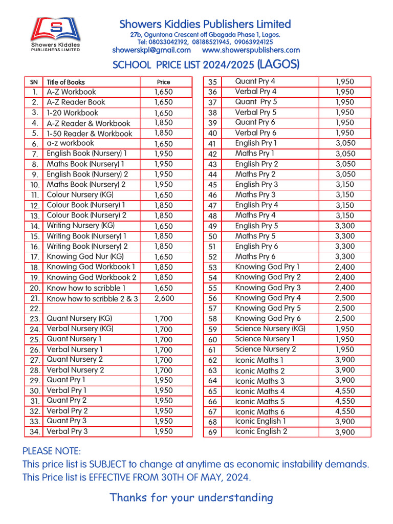 School Price List 2024/2025 | PDF