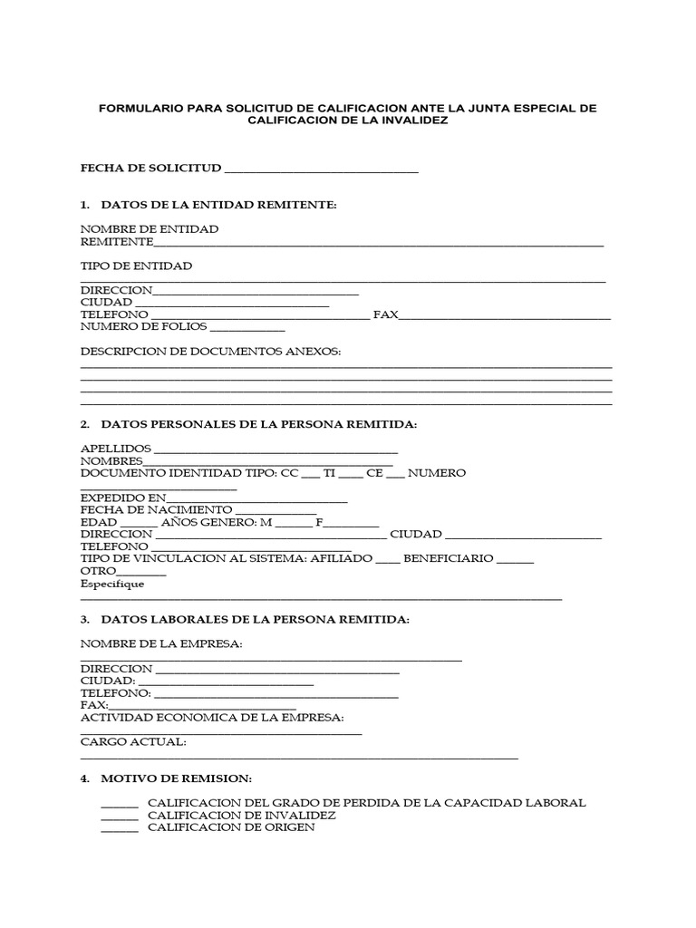 Formulario Solicitud de Calificacion de La Invalidez | PDF